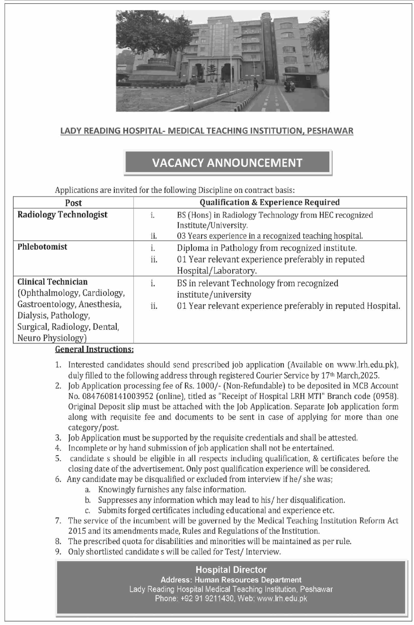 Lady Reading Hospital LRH Peshawar Jobs 2025