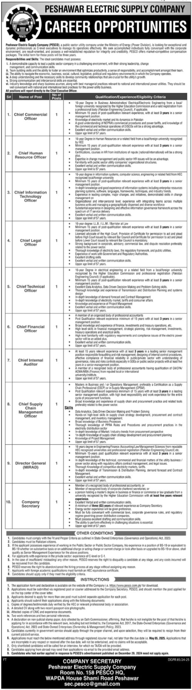 Peshawar Electric Supply Company PESCO Jobs